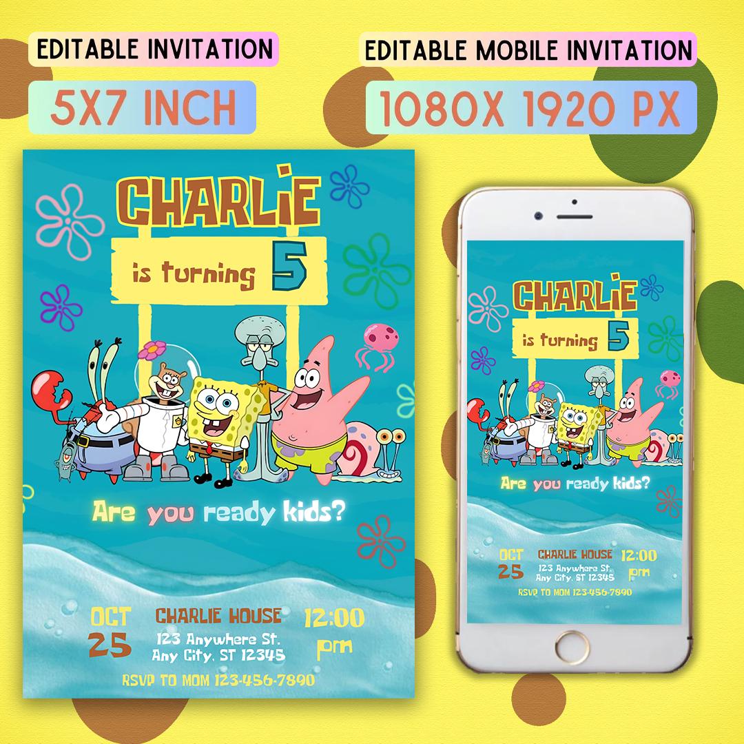 Editable Spongebob Birthday Party Invite Spongebob Kids Evite Template ...