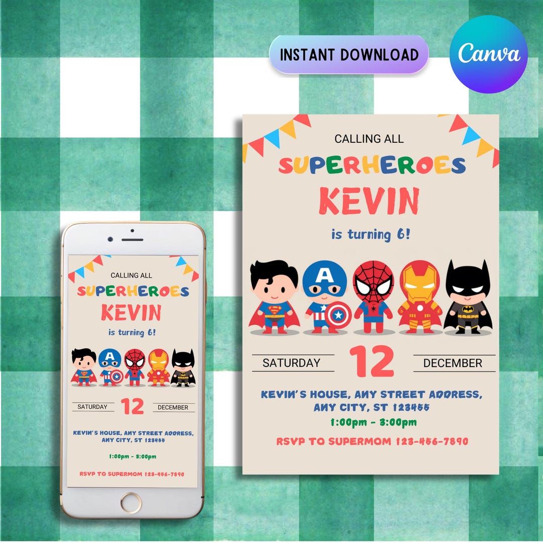 Editable Superheroes Birthday Invitation, Superheroes Kids Party Evite ...