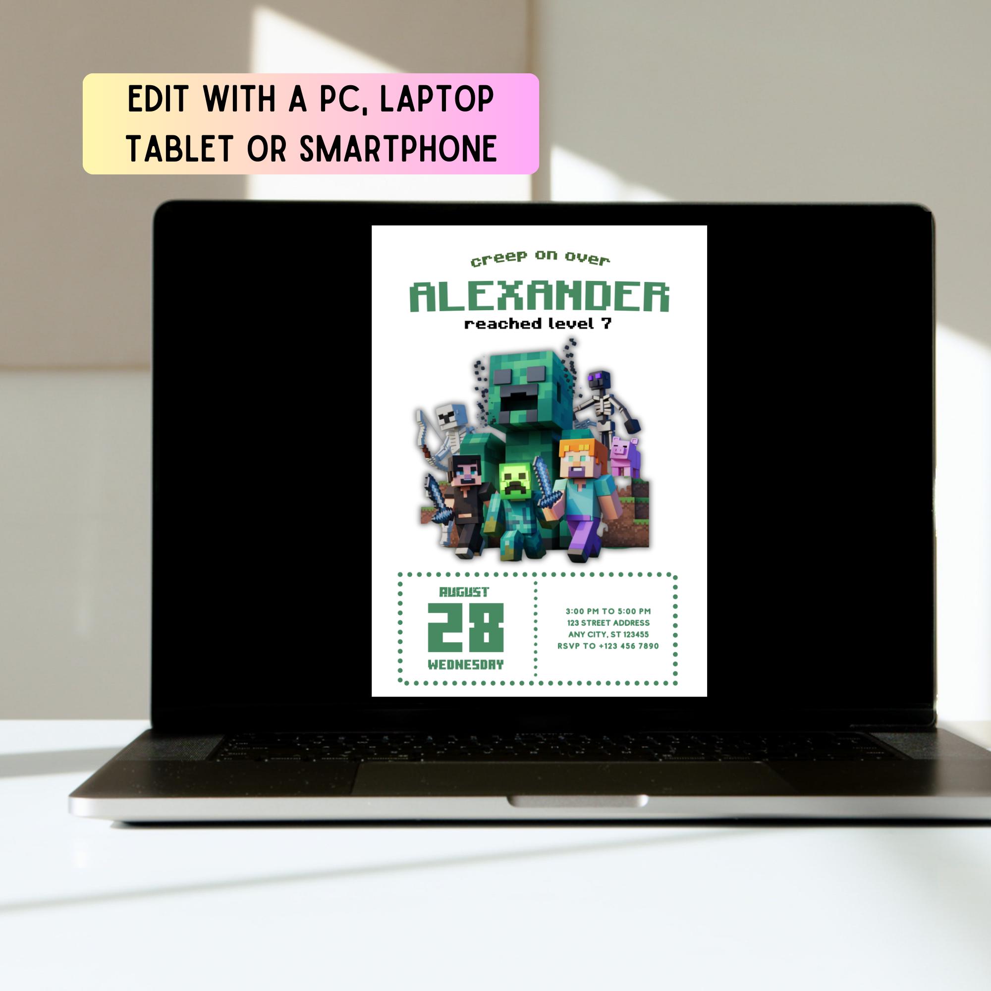 Editable Minecraft Birthday Invitation, Minecrafter Birthday ...