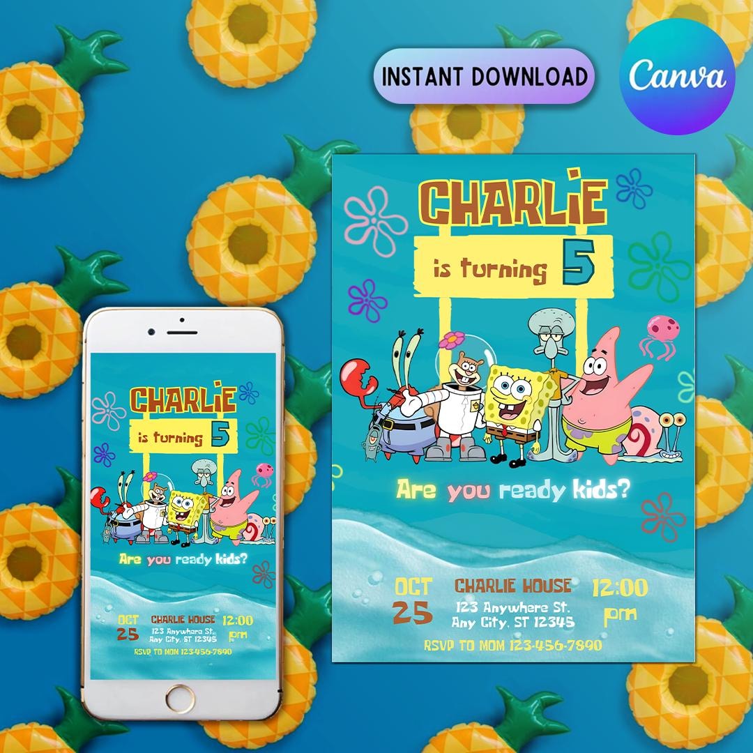Editable Spongebob Birthday Party Invite Spongebob Kids Evite Template ...