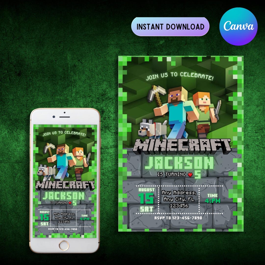 Minecraft Birthday Invitation, Kids Minecrafter Birthday Invitate ...