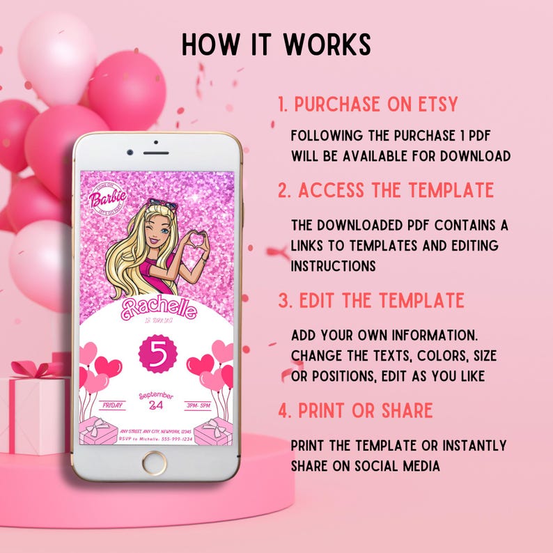 Editable Barbie Birthday Invitation, Pink Doll Birthday Invitation ...