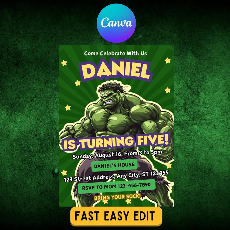 Editable Hulk Birthday Party Invitation, Canva Template, Instant ...
