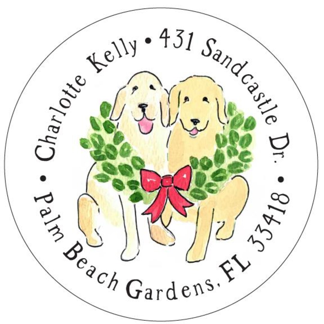 English Cream Golden Retriever Christmas Wreath Address Labels (set of ...