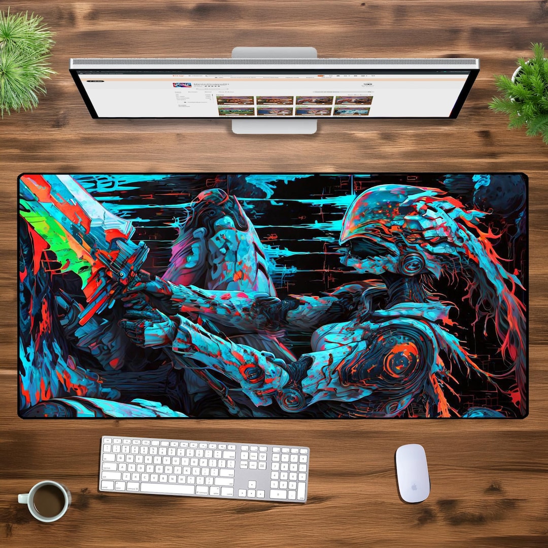 Cyberpunk Gladiator XXL Gaming Mouse Pad - Neon Warrior Desk Mat, Sci ...