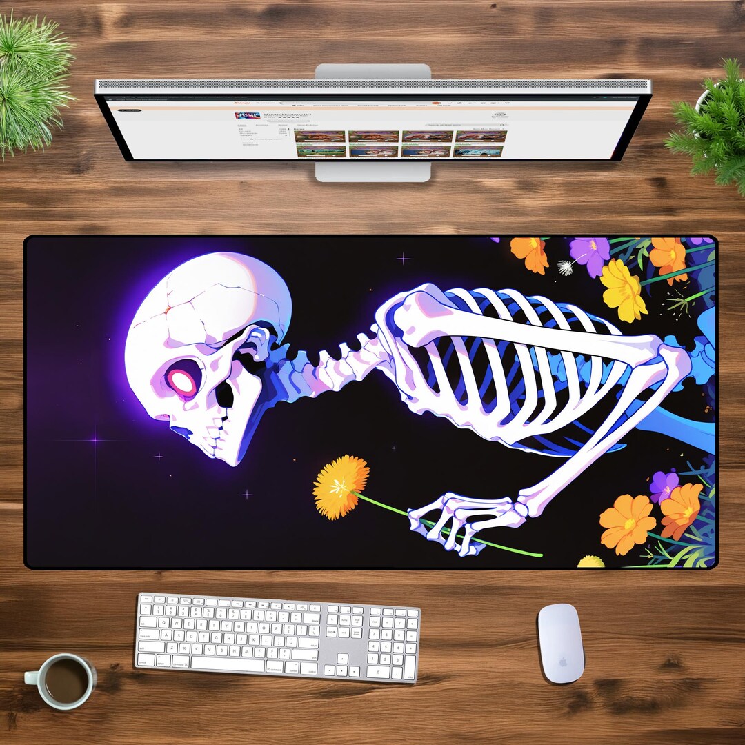 Neon Skeleton Floral XXL Gaming Mouse Pad - Aesthetic Goth Desk Mat ...