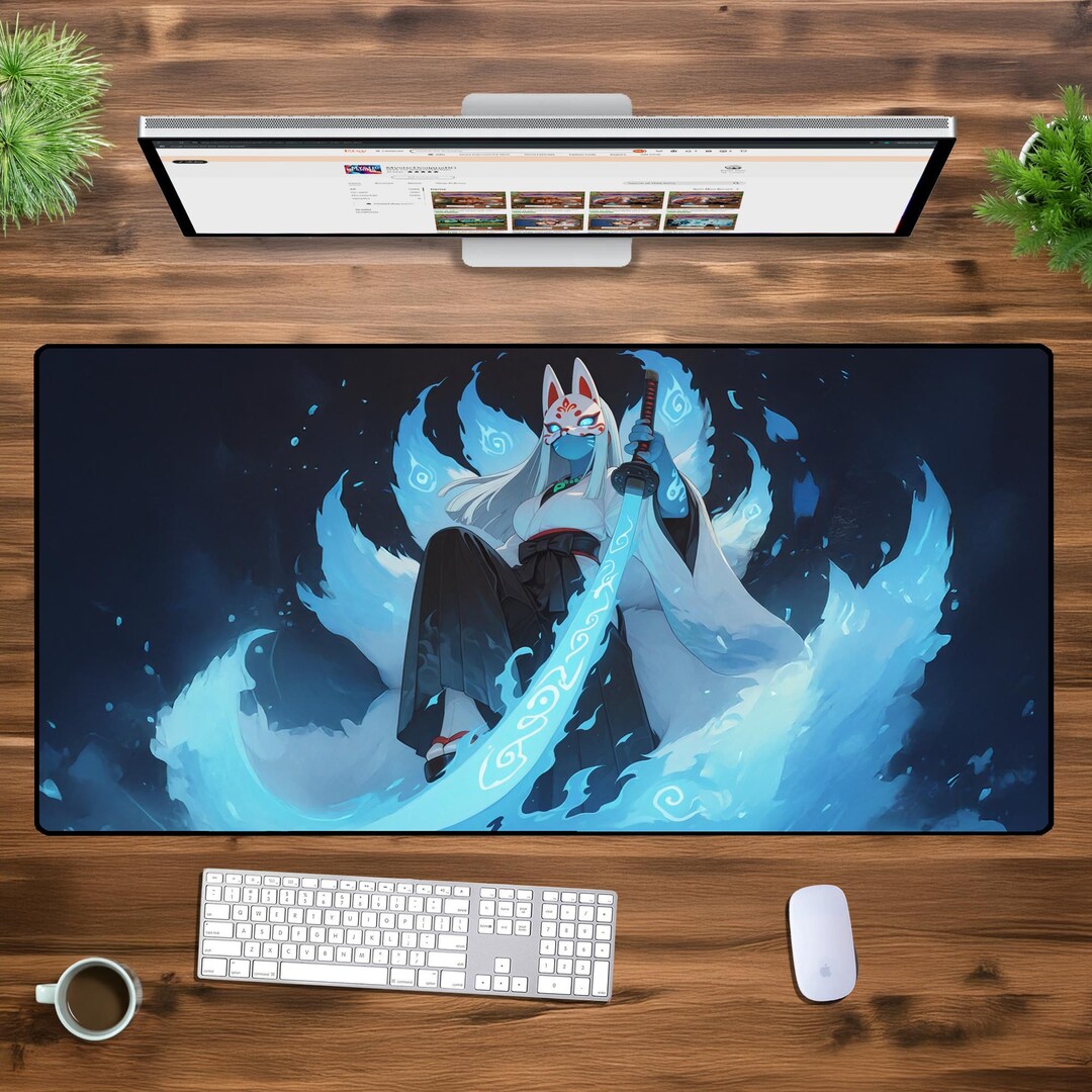 Kitsune Samurai Desk Mat XXL, Japanese Fox Warrior Mouse Pad, Blue ...