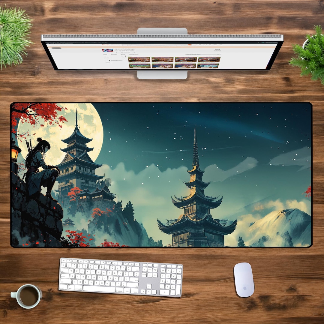 Samurai Moonlight Desk Mat - Japanese Pagoda Gaming Mouse Pad, XL XXL ...