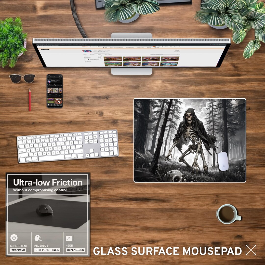 Elite Glass Gaming Mouse Pad XL Desk Mat, Grim Reaper Skeleton Art ...