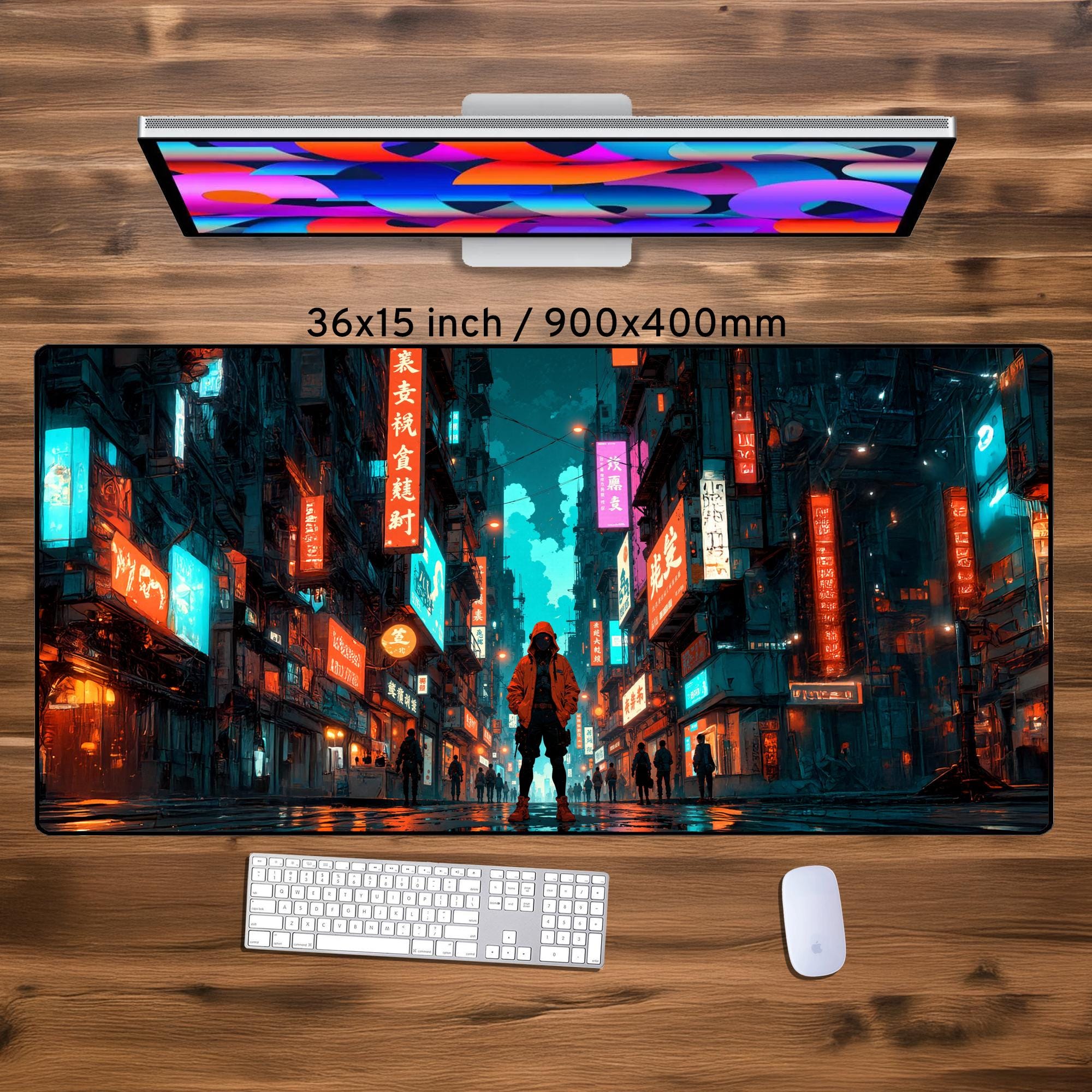 Cyberpunk Cityscape Desk Mat, Neon Night Mouse Pad, Large Desk Pad XL ...