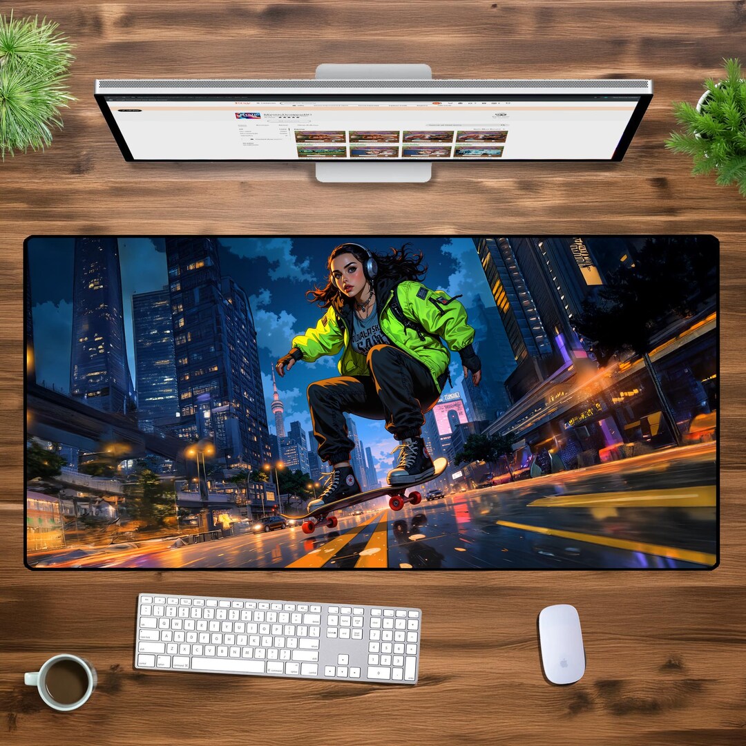 Neon Skater Desk Mat - Futuristic Cityscape Gaming Mouse Pad, XL XXL ...