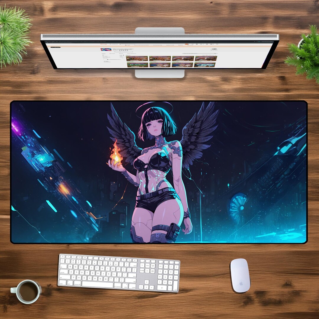 Cyberpunk Angel XXL Gaming Mouse Pad – Neon Anime Desk Mat, Futuristic ...