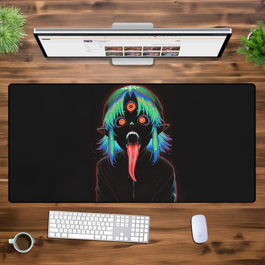 Horror Anime Demon Desk Mat - XXL Gaming Mouse Pad - Neon Glitch ...