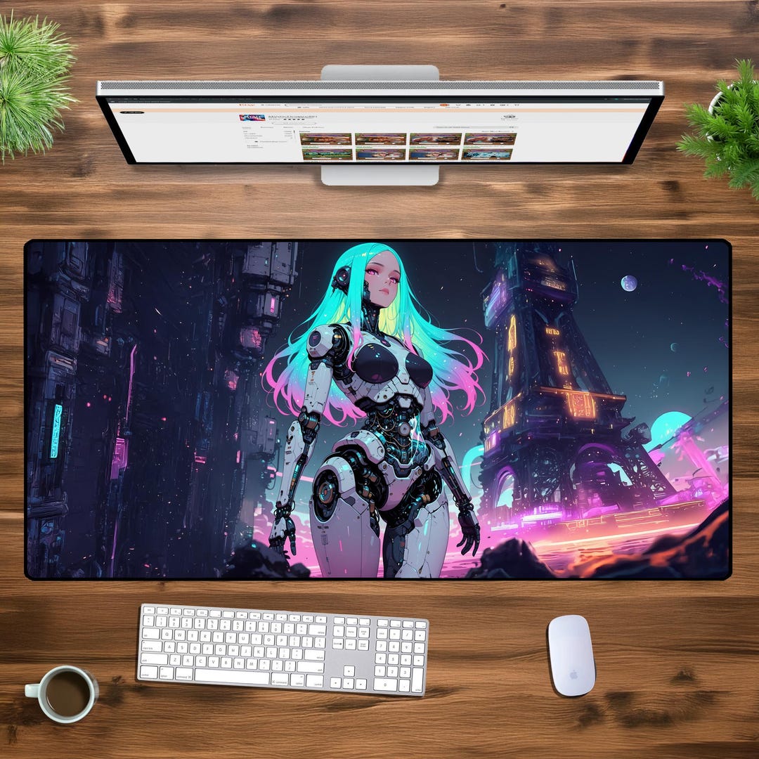 Cyberpunk Android Girl Gaming Mousepad Neon AI Robot XXL Desk Mat ...
