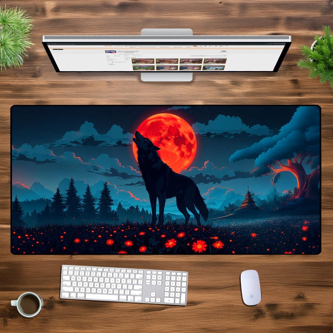 Howling Wolf Blood Moon Desk Mat - XXL Gaming Mouse Pad - Dark Forest ...