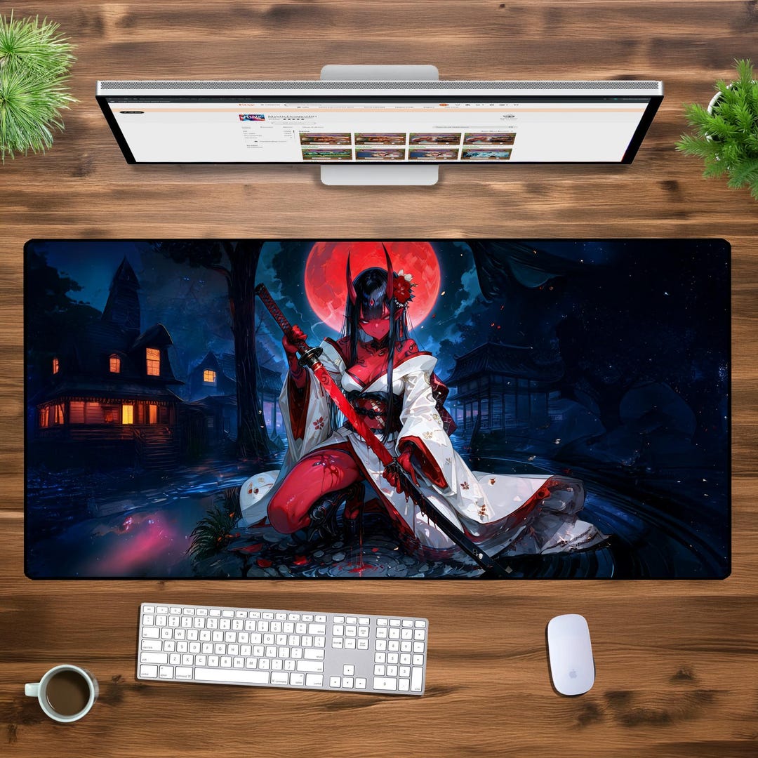 Demon Samurai Desk Mat XXL – Blood Moon Anime Gaming Mouse Pad, Oni ...