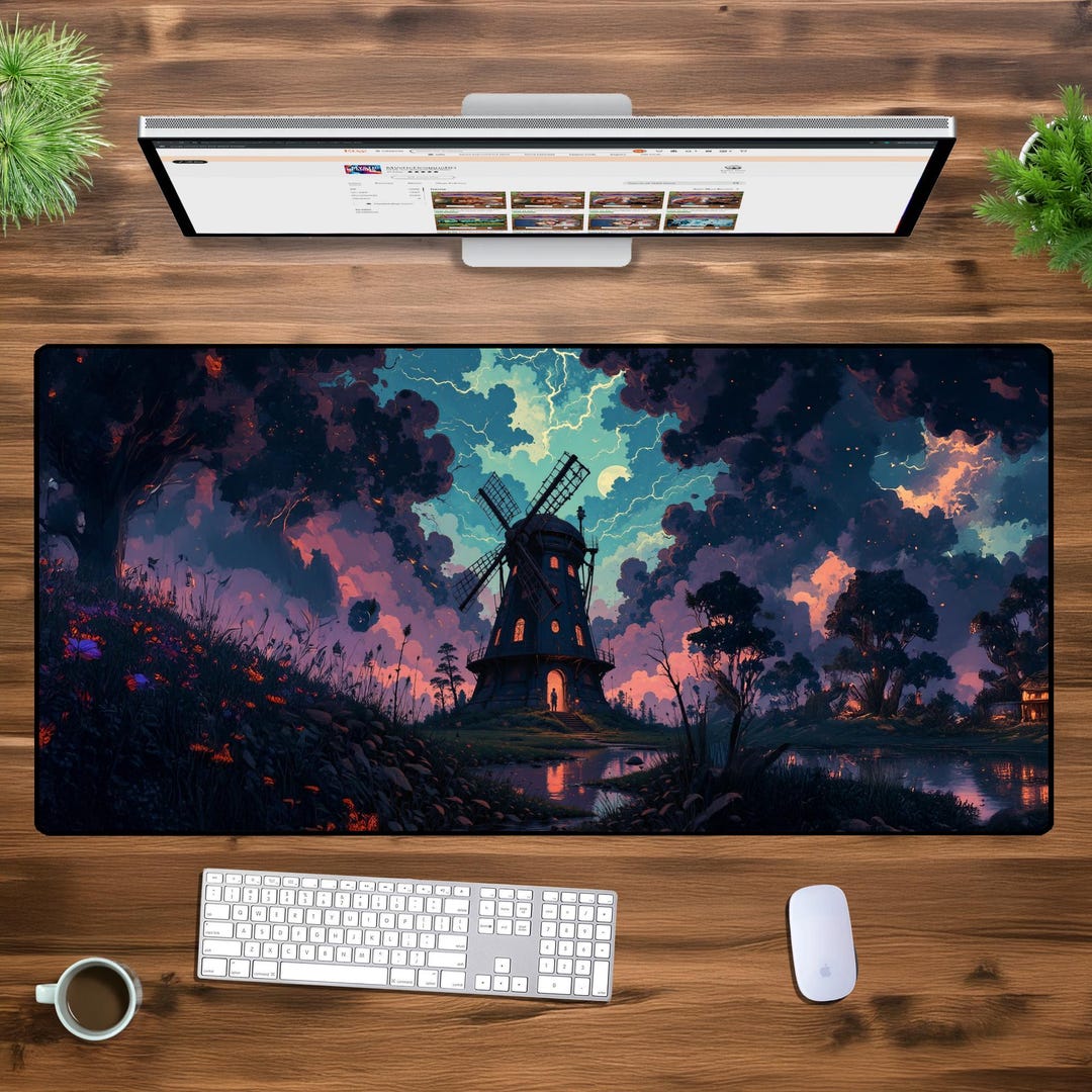 Mystical Windmill Desk Mat - Enchanting Landscape Gaming Mouse Pad, XL ...