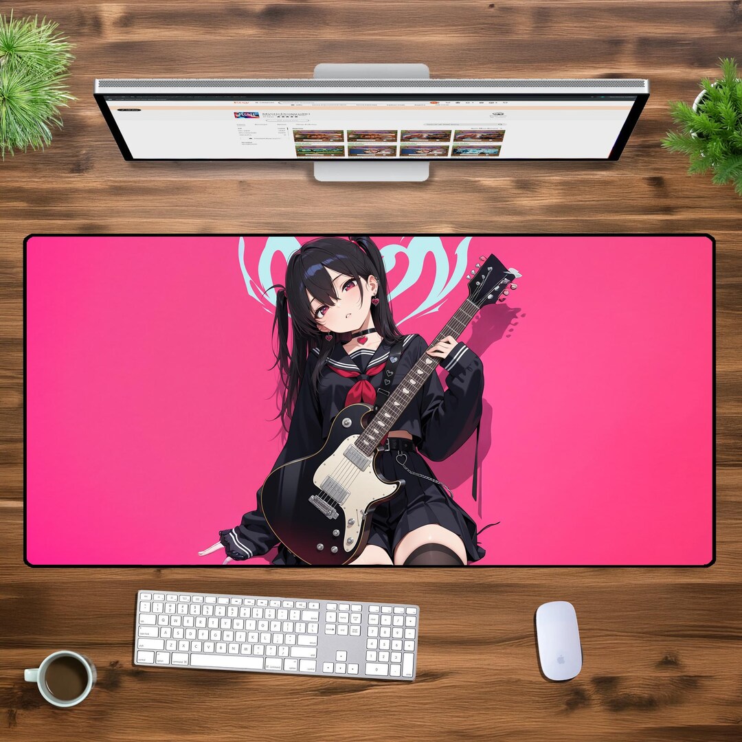 Anime Rock Girl XXL Desk Mat - Large Gaming Mouse Pad, Aesthetic Pink ...