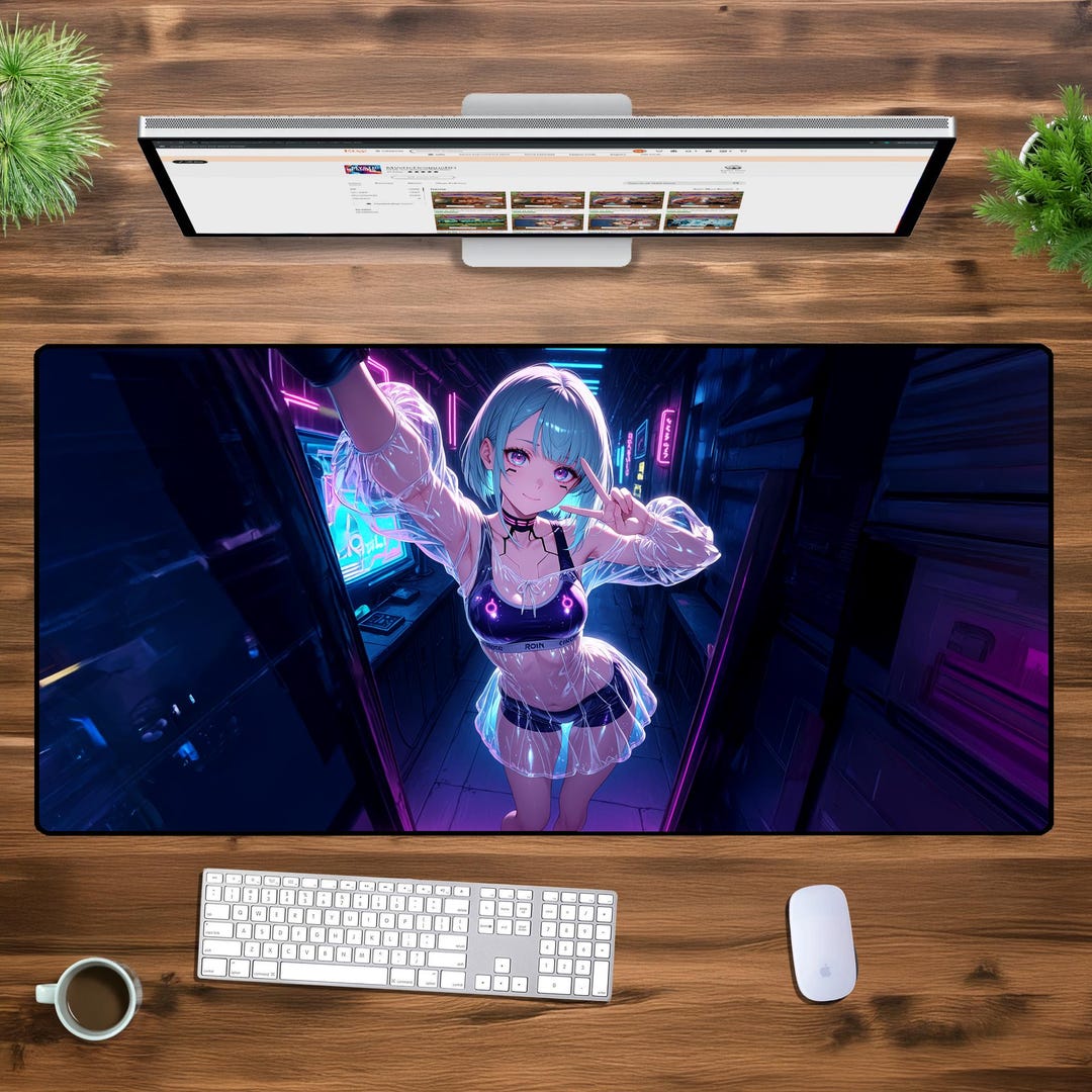 Cyberpunk Anime Girl XXL Desk Mat - Neon Aesthetic Gaming Mouse Pad ...