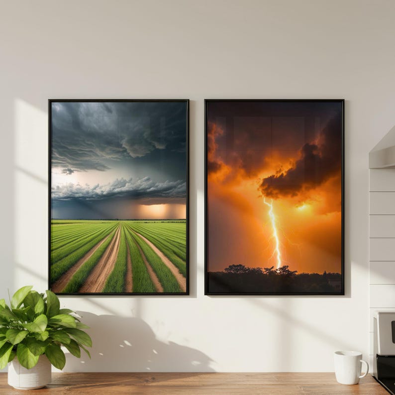 Storm Landscape Wall Art Set of 2 – Lightning Sky & Farmland Nature ...