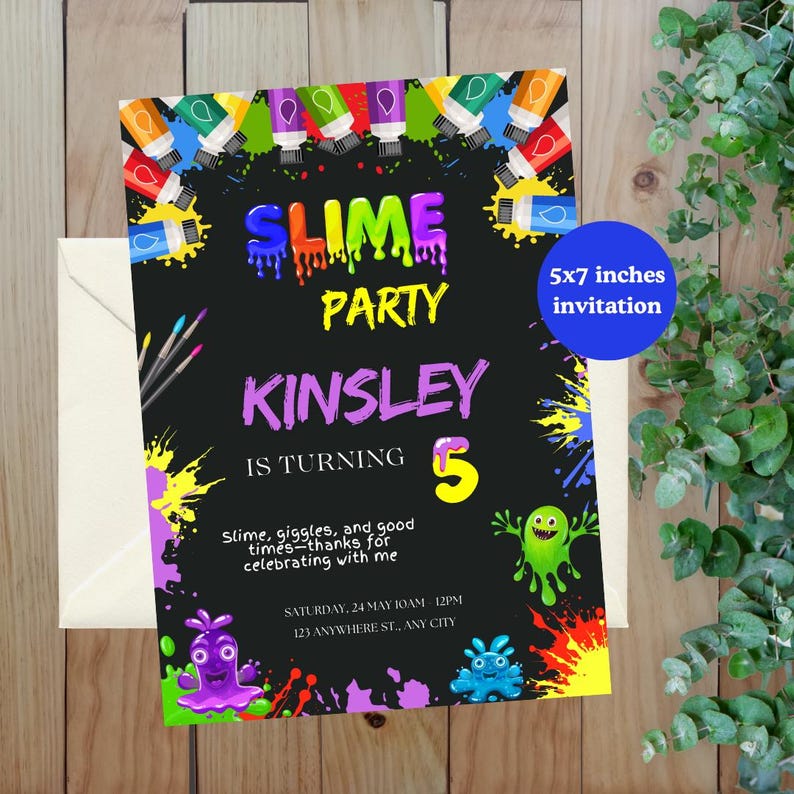Editable Neon Glow Slime Party Invitation Template for Girls' Birthday ...