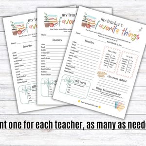 Teacher Favorite Things Printable, Teacher Survey, Meet the Teacher ...