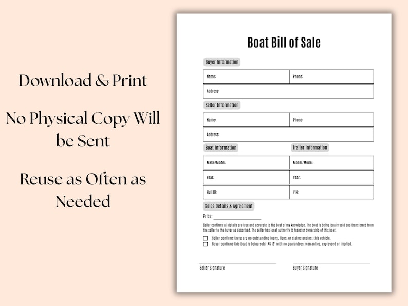 Boat Bill of Sale, as is Bill of Sale, Purchase Agreement, Sales ...