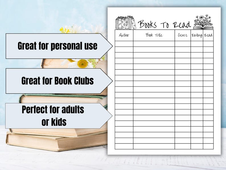 TBR List, Books to Read Tracker 4 Sizes Reading List, TBR Book ...