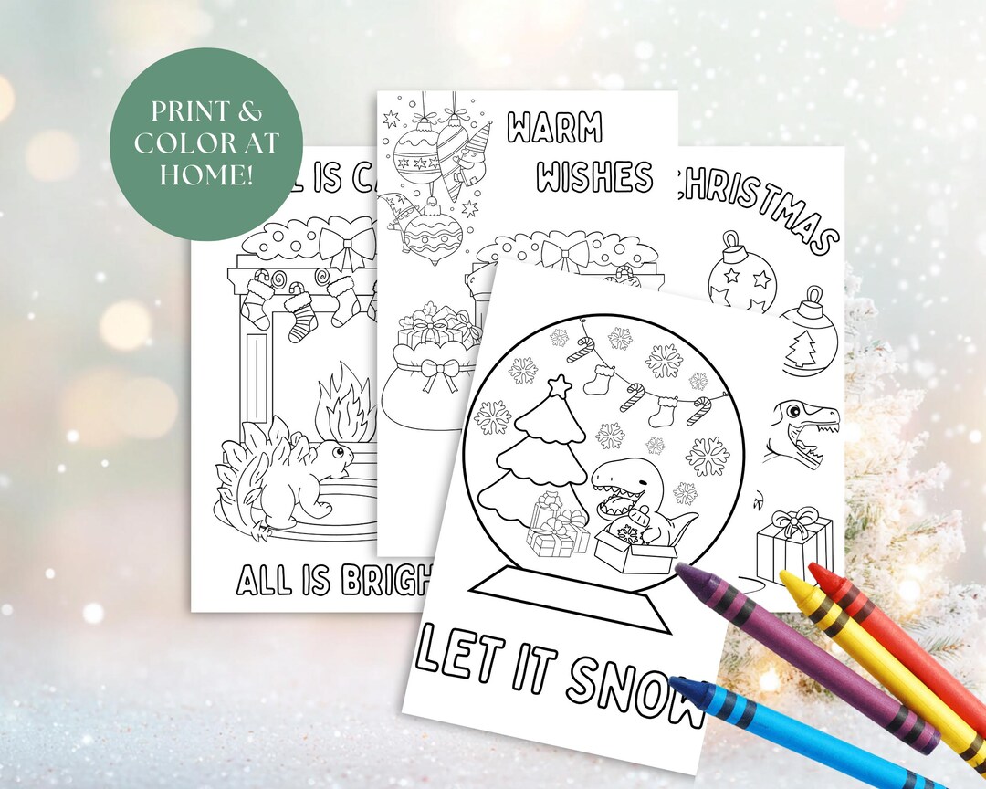 Christmas Coloring Cards for Kids, Cute Dinosaur, Coloring Pages, 7 ...