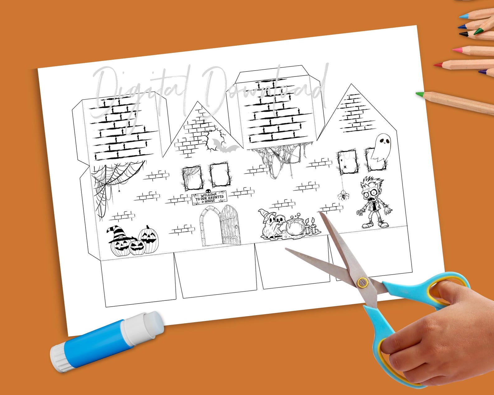 Spooky Halloween Haunted House Printable - DIY 3D Craft, Coloring Page ...