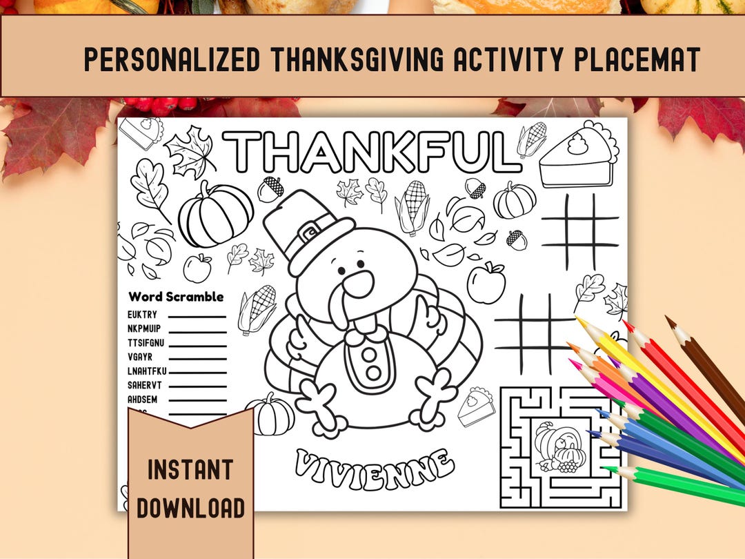 Personalized Thanksgiving Activity Placemat, Coloring Page (digital ...
