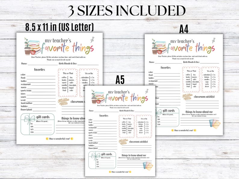 Teacher Favorite Things Printable, Teacher Survey, Meet the Teacher ...