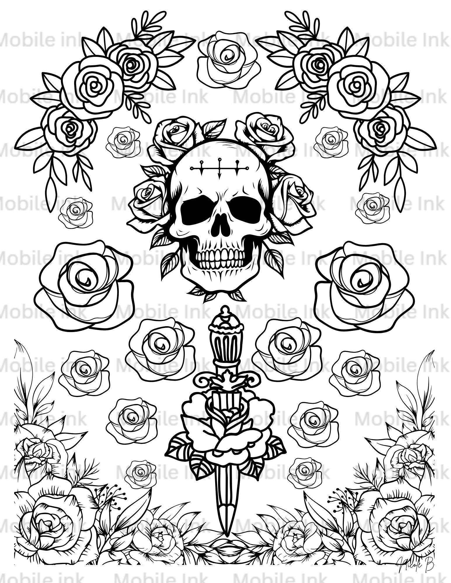 5 Pages of Skulls With Flowers for Coloring Art Therapy That is E for ...