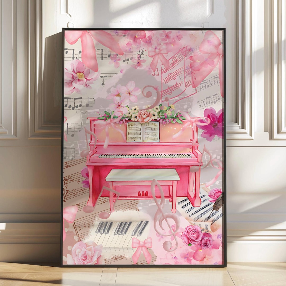 Pink Coquette Piano Collage Poster, Digital Wall Art, Preppy Music Room ...