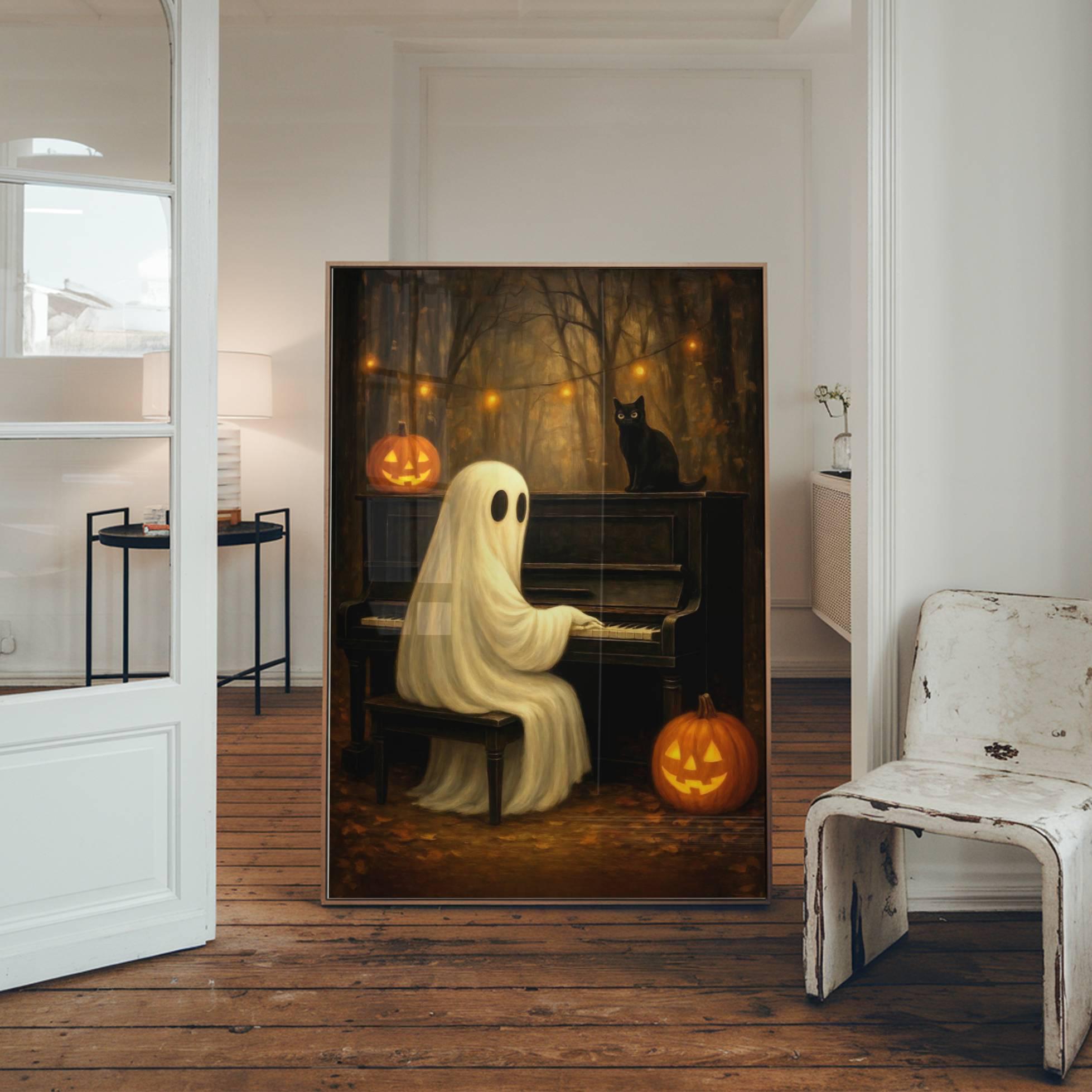 Cute Ghost Playing Piano Digital Wall Art, Halloween Music Room Decor ...