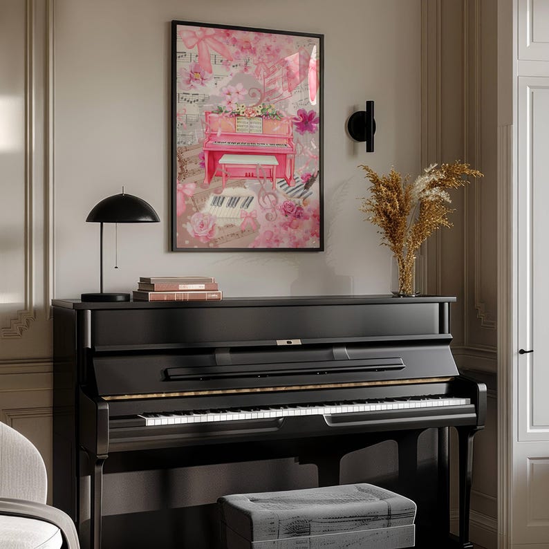 Pink Coquette Piano Collage Poster, Digital Wall Art, Preppy Music Room ...
