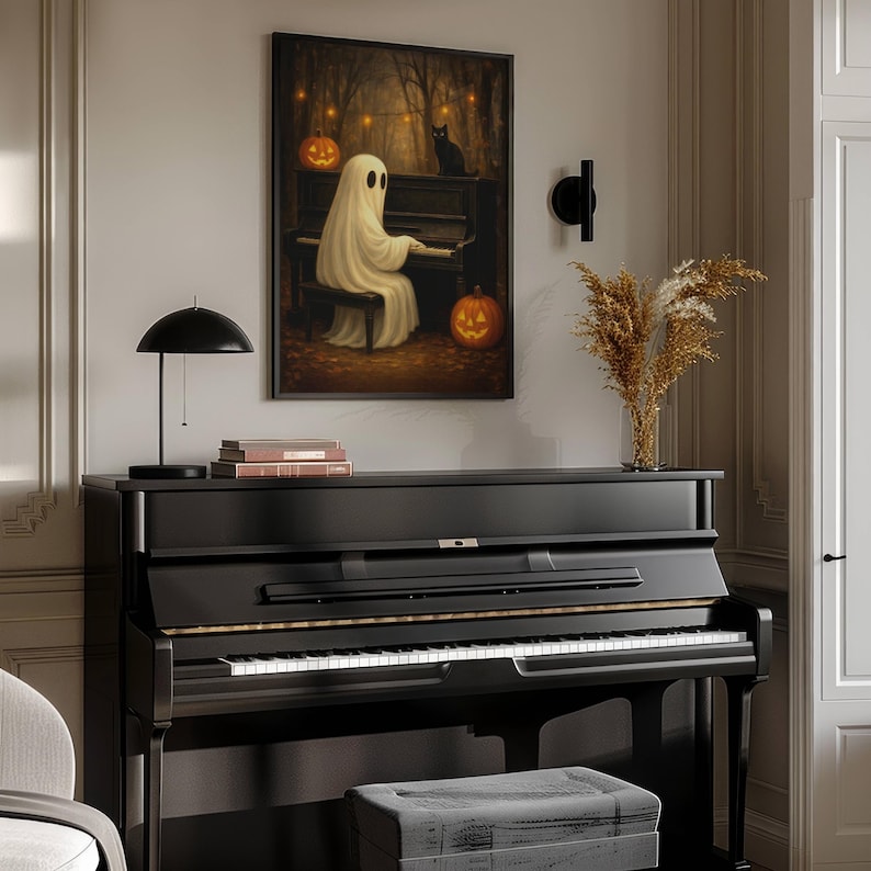 Cute Ghost Playing Piano Digital Wall Art, Halloween Music Room Decor ...