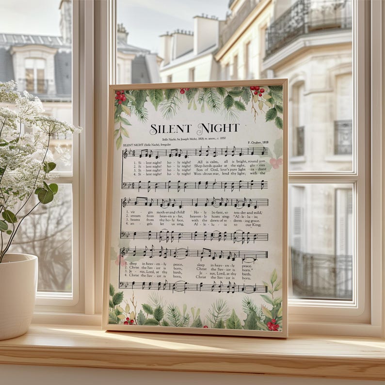 Silent Night Vintage Christmas Carol Wall Art Print, Holiday Music Room ...