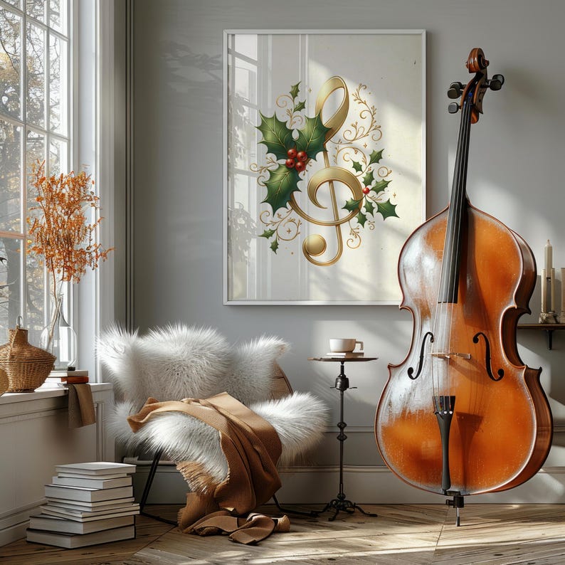 Christmas Treble Clef Music Wall Art Print, Holiday Music Room Decor ...
