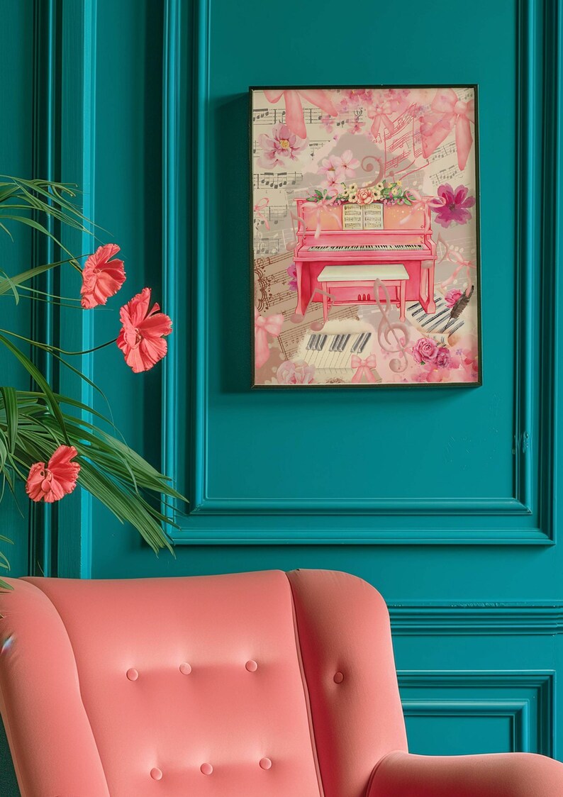 Pink Coquette Piano Collage Poster, Digital Wall Art, Preppy Music Room ...