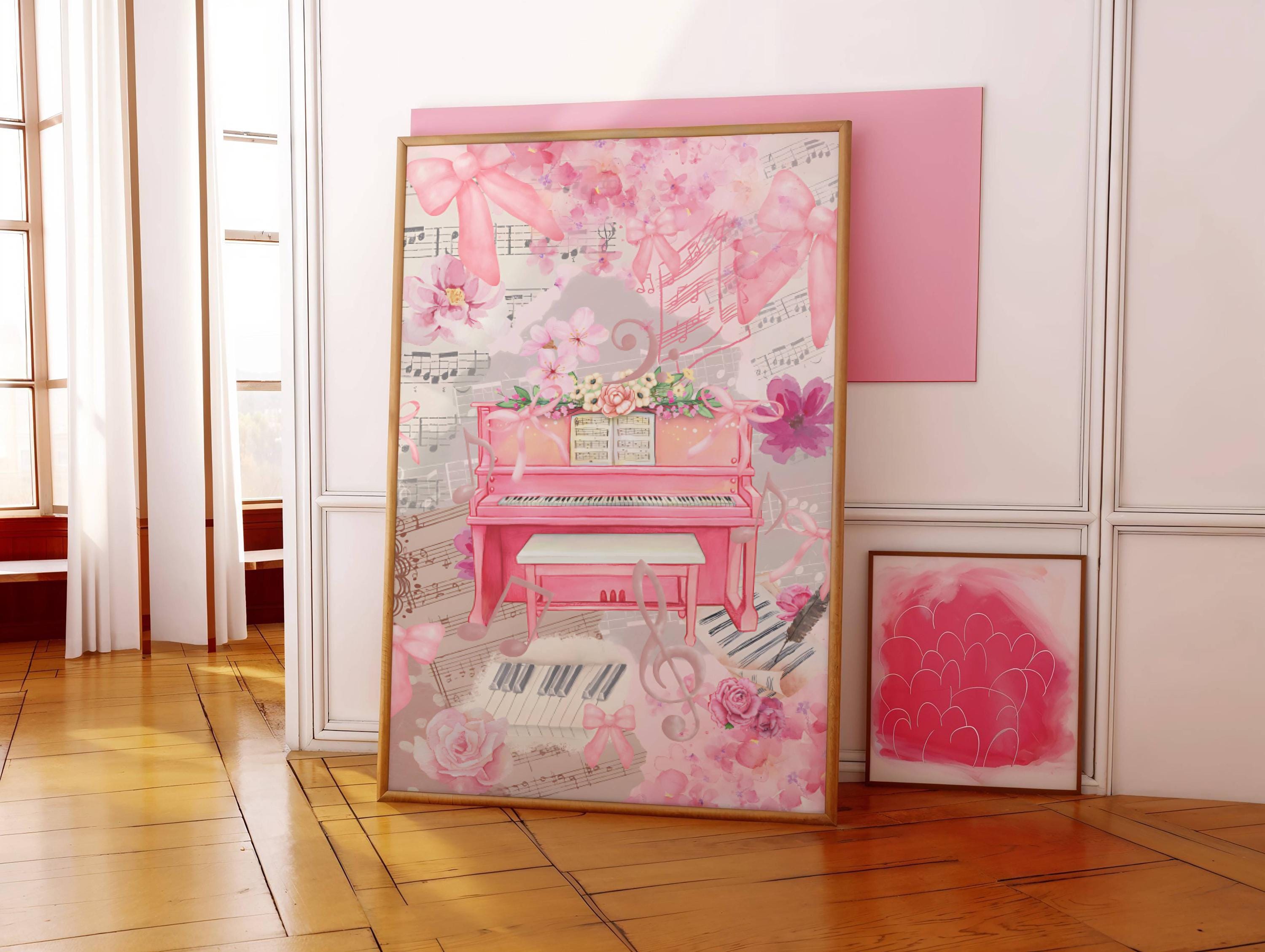 Pink Coquette Piano Collage Poster, Digital Wall Art, Preppy Music Room ...