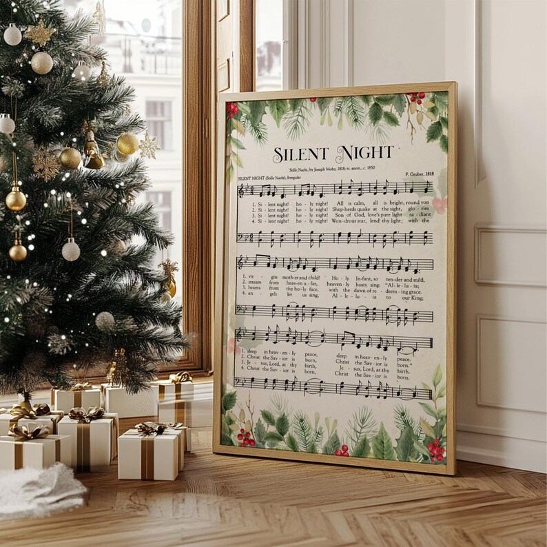 Silent Night Vintage Christmas Carol Wall Art Print, Holiday Music Room ...