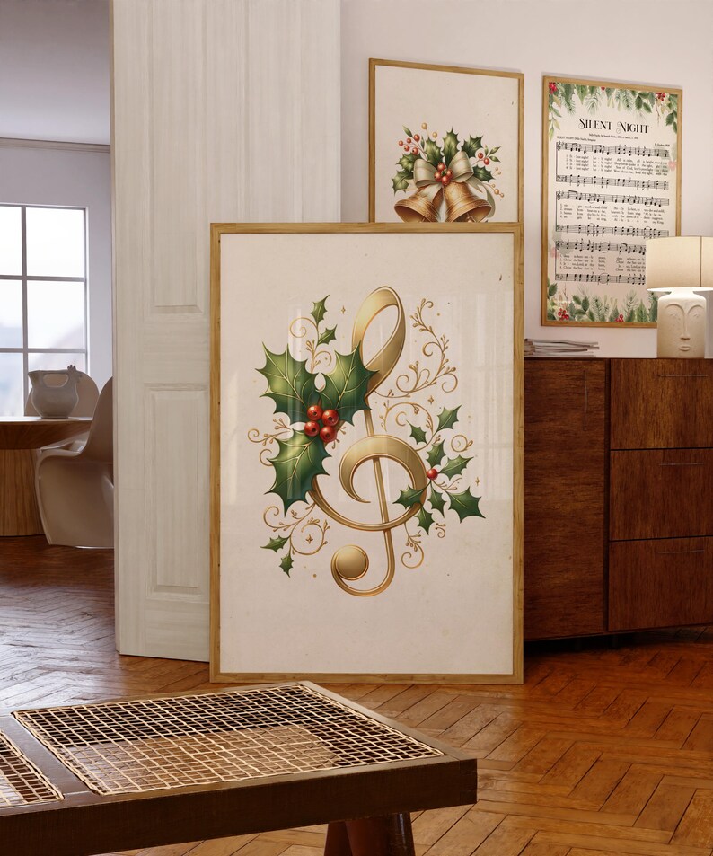 Christmas Treble Clef Music Wall Art Print, Holiday Music Room Decor ...