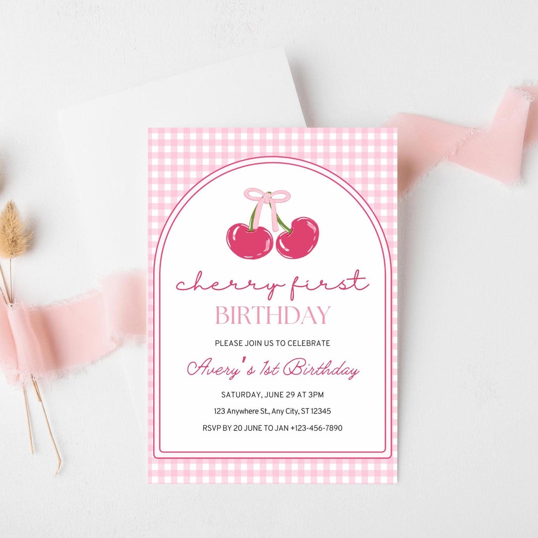 Cherry First Birthday Party Invitation Cherry 1st Birthday Party Invite ...
