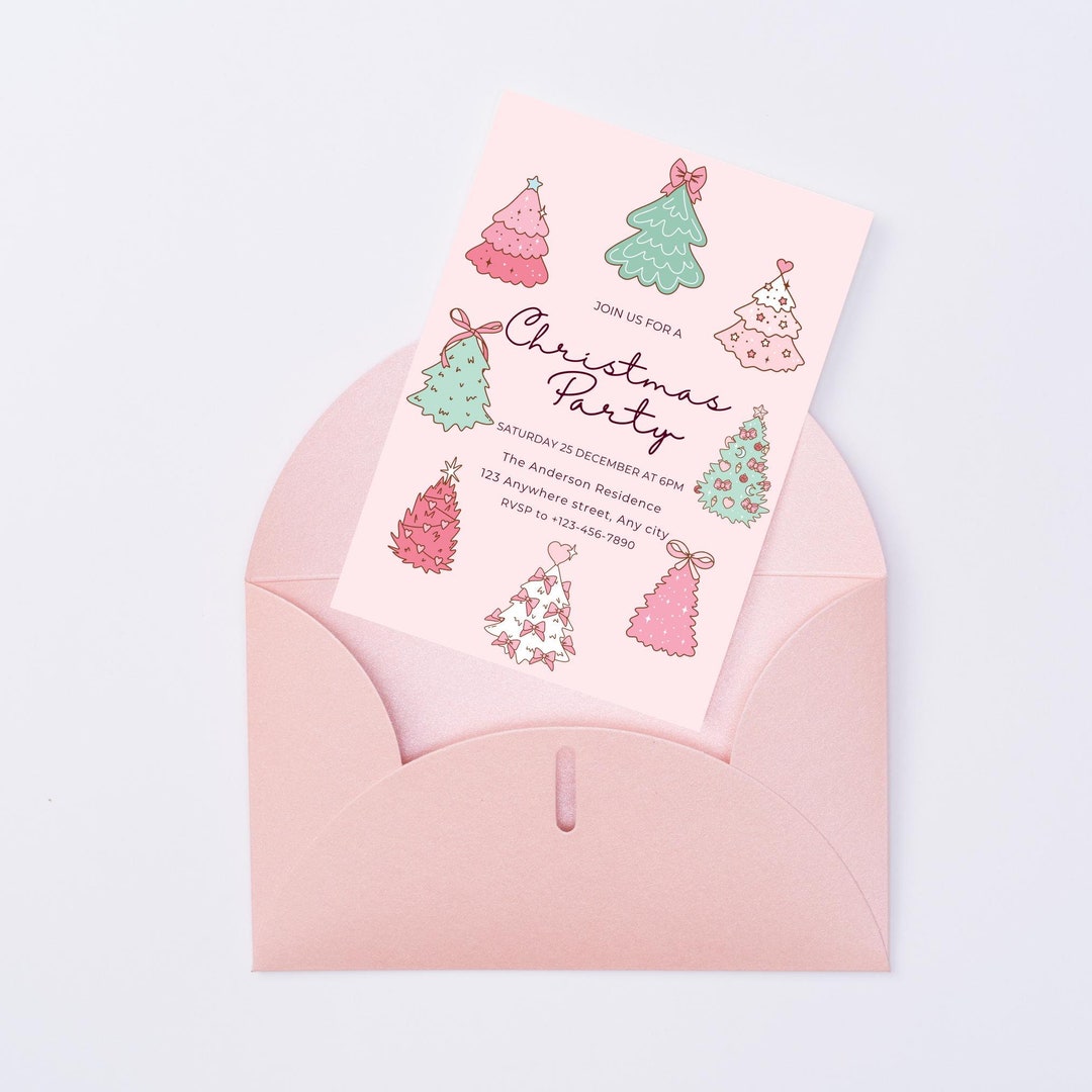 Pink Christmas Party Invitation Pink Bow Christmas Invite Holiday Party ...