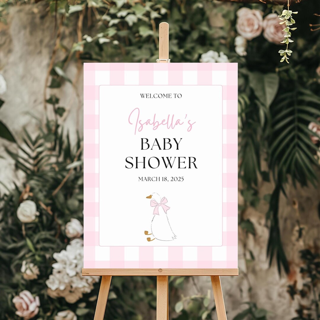 Goose Baby Shower Welcome Sign Template Pink Gingham Girl Baby Shower ...