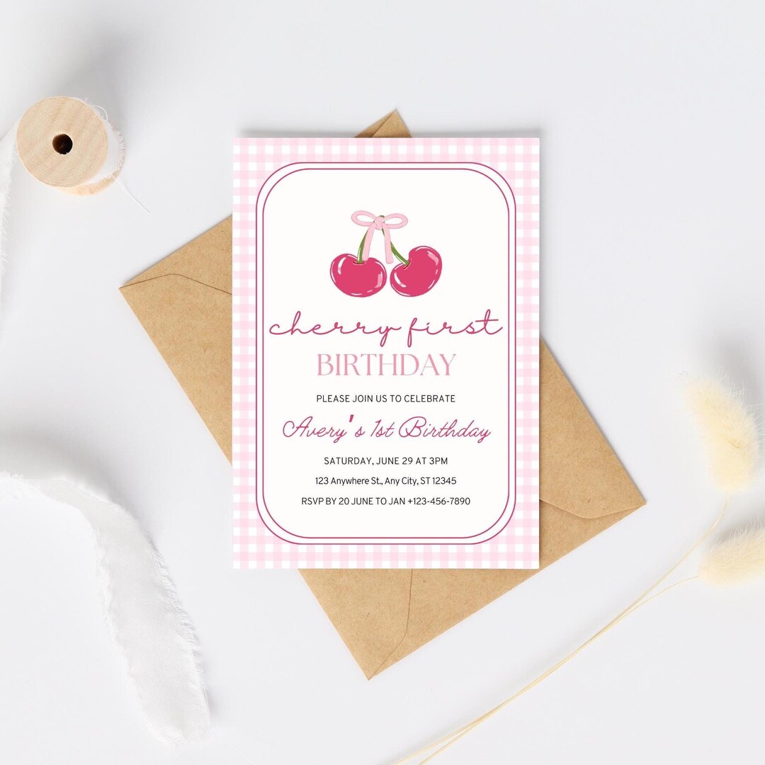 Cherry First Birthday Party Invitation Cherry 1st Birthday Party Invite ...
