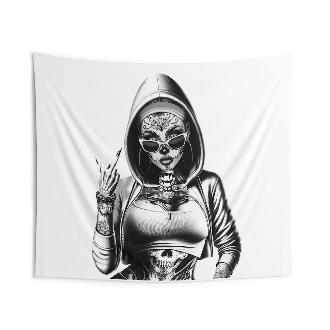 Gangsta Woman Tattoo Middle Finger Wall Tapestry Indoor Wall Tapestries ...