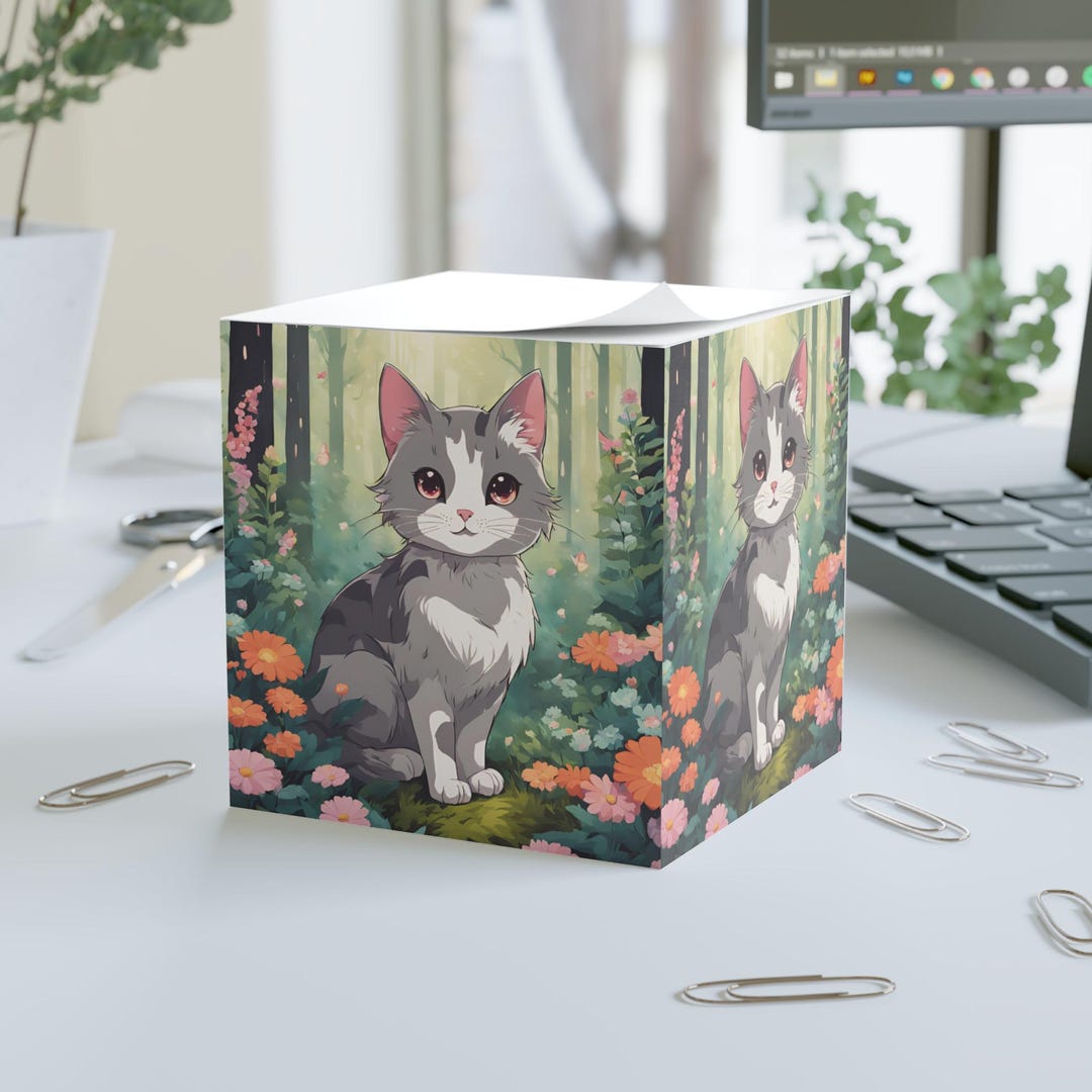 Cute Cat Note Cube, Note Taking, Floral Cat Stationery, Kawaii Note ...