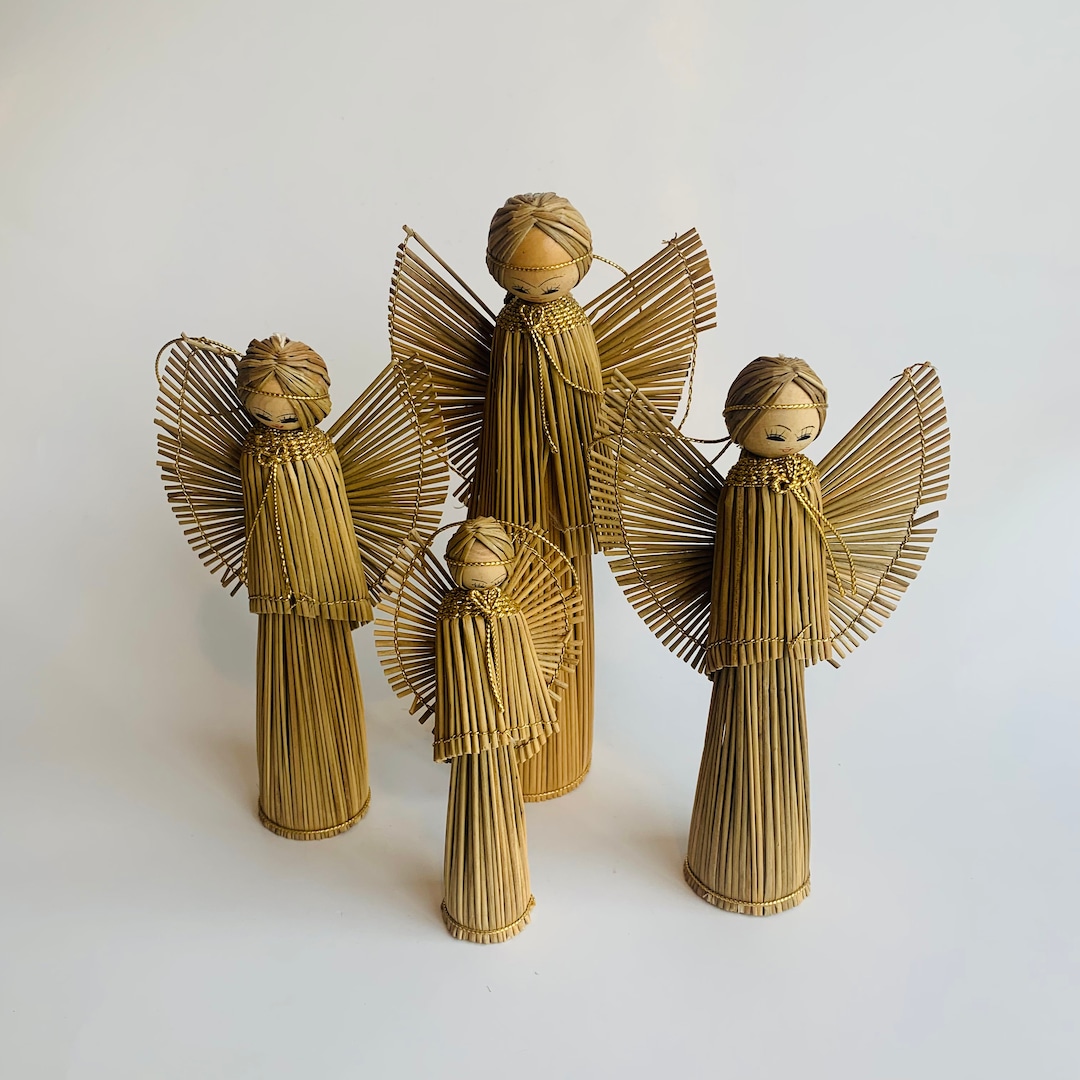 Vintage Set of Straw Angels With Wooden Hand Painted Faces - Etsy